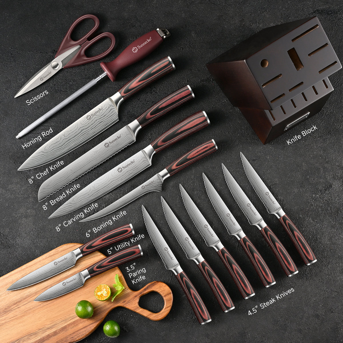 【NEW RELEASED】Sunnecko Knife Set with Block and Sharpener, 15 PCS Kitc ...